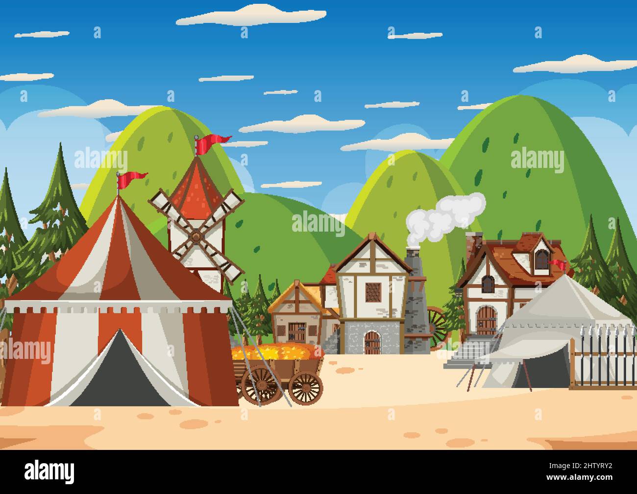 Medieval army camp scene in cartoon style illustration Stock Vector ...