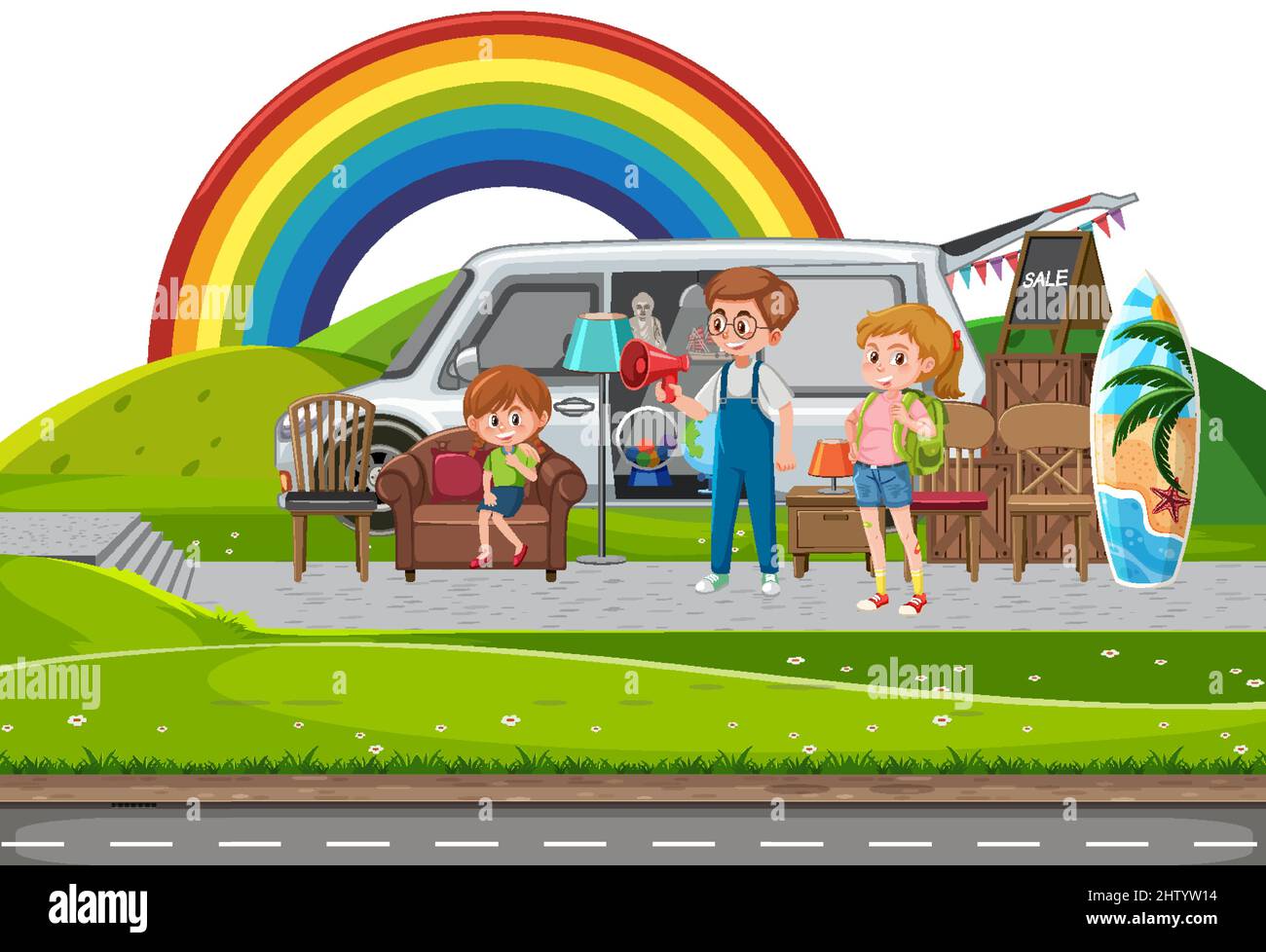 Outdoor scene with car boot sale and cartoon character illustration ...