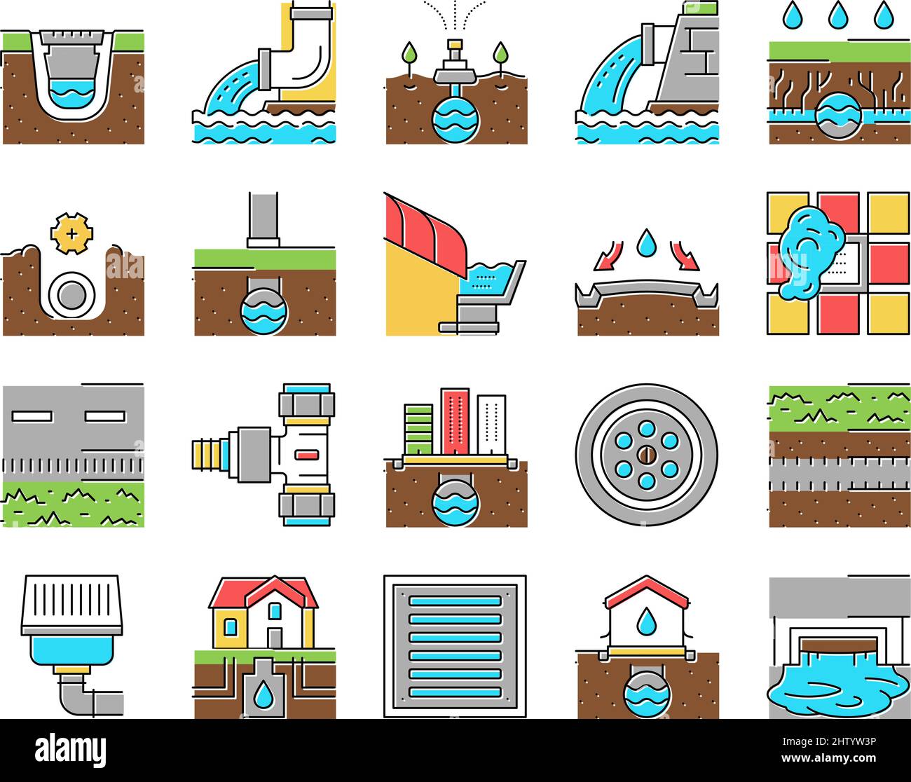 Drainage Water System Collection Icons Set Vector Stock Vector Image ...