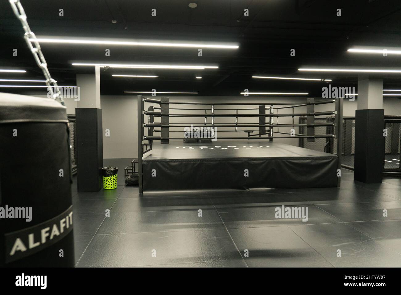 RUSSIA, MOSCOW - FEB 24, 2022: bag punching boxing background indoors ...