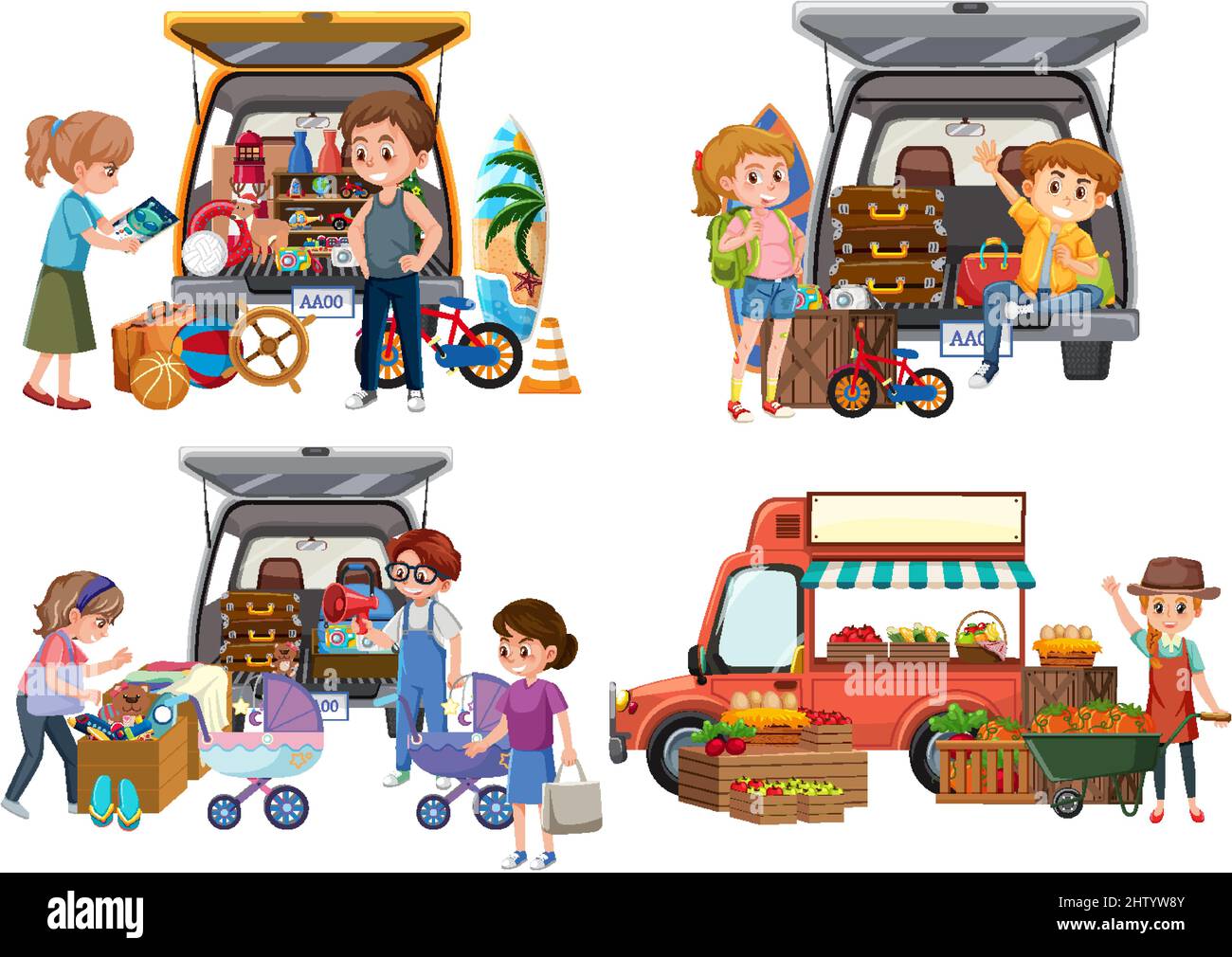 Flea market concept with set of different car boot sales illustration ...