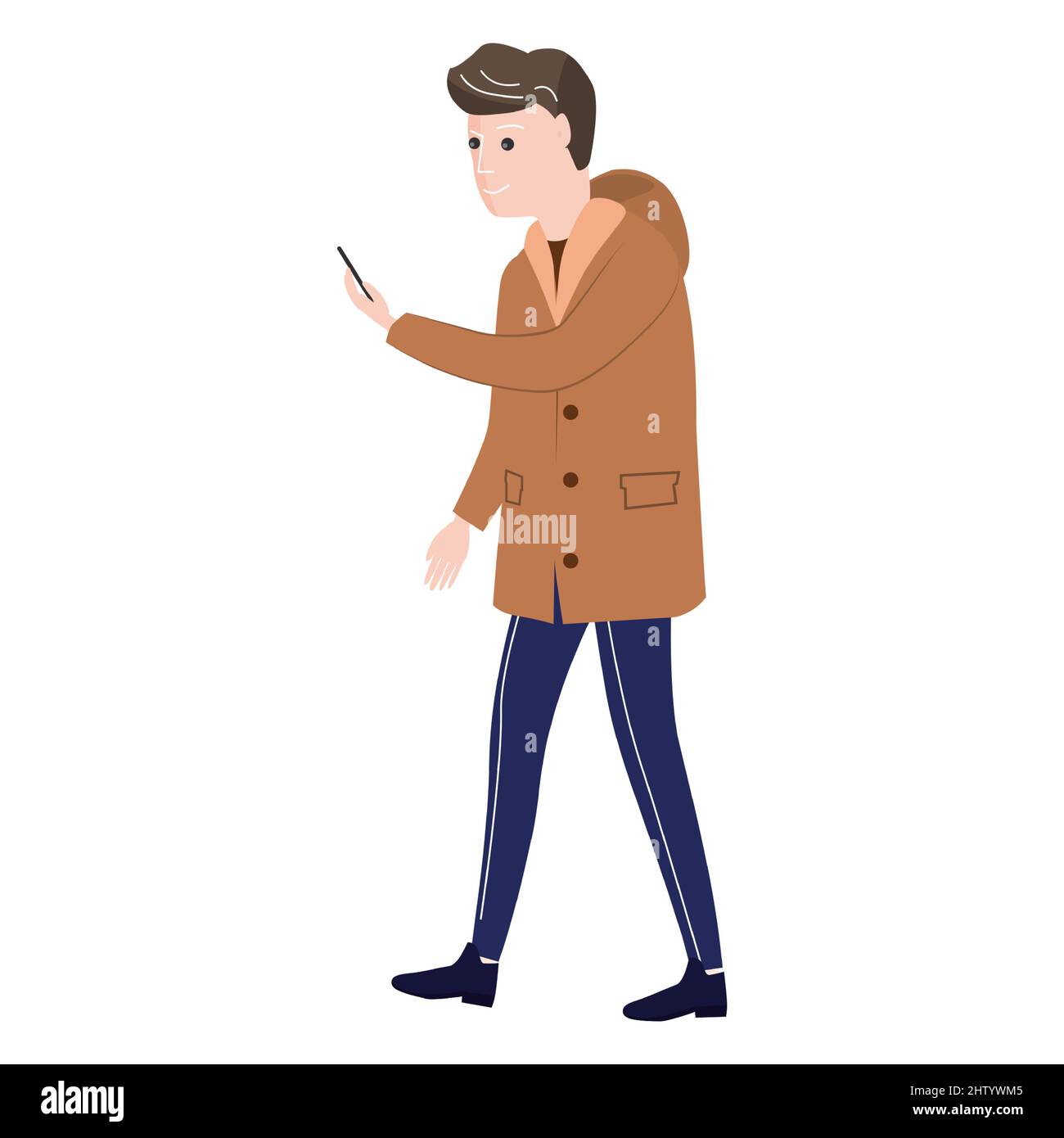 Young Man winter cold weather clothes, with smartphone, cap, warm coat ...