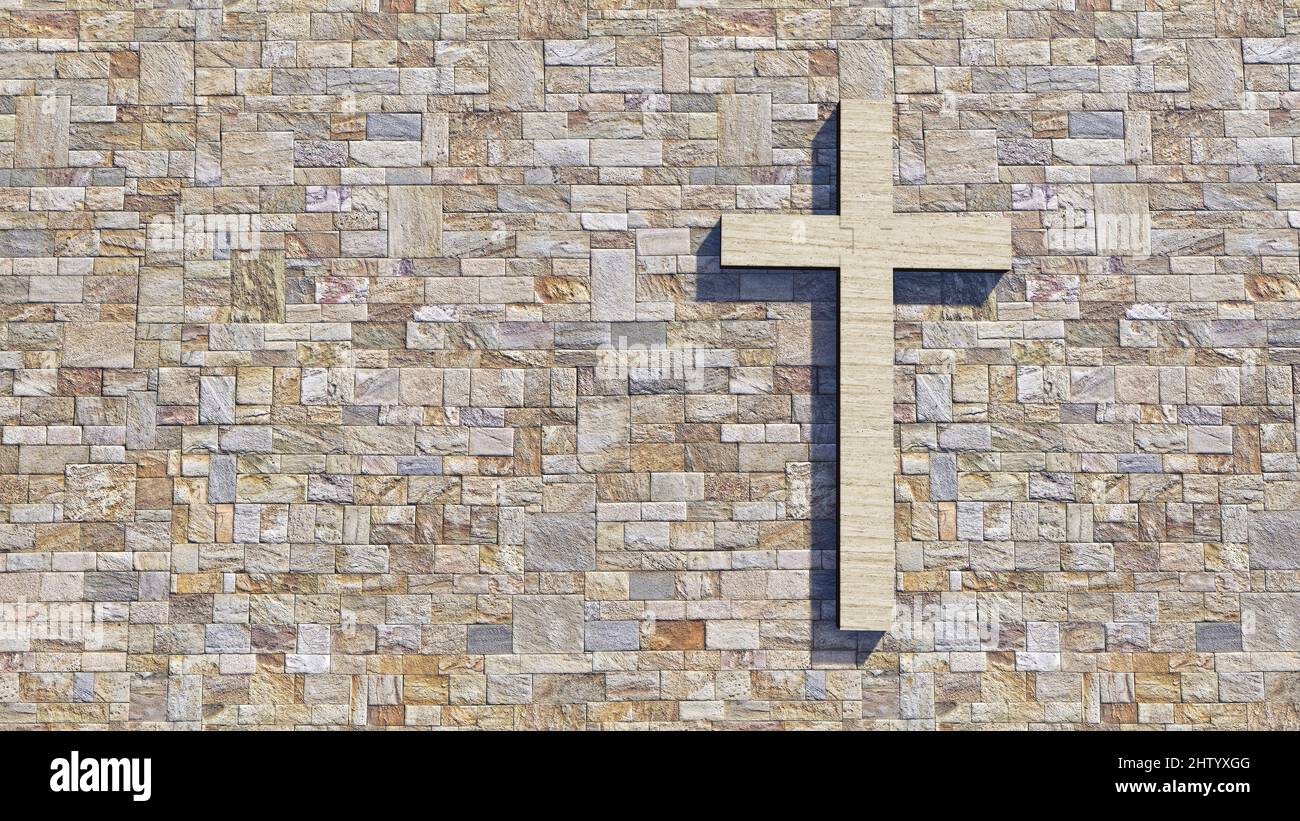 Concept or conceptual travertin stone cross on a vintage pattern ...