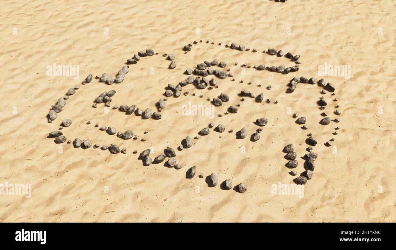 Concept conceptual stones on beach sand handmade symbol shape, golden ...