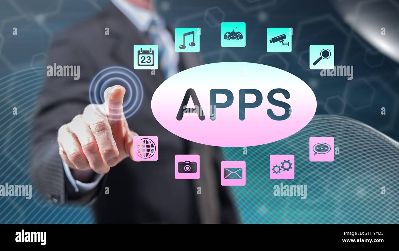 Man touching an apps concept on a touch screen with his fingers Stock ...