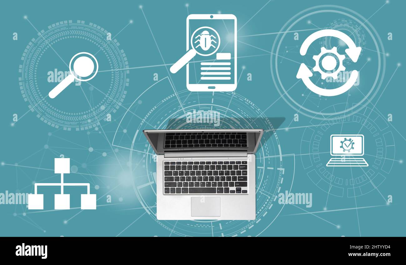 Top view of laptop with symbol of software testing concept Stock Photo ...