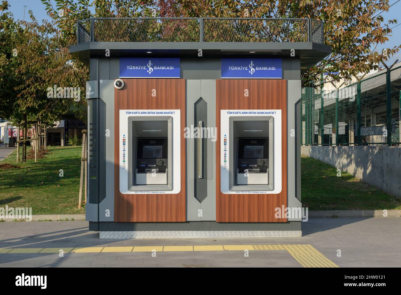 ISTANBUL, TURKEY - OCTOBER 24, 2021: Wooden designed ATM machines at ...