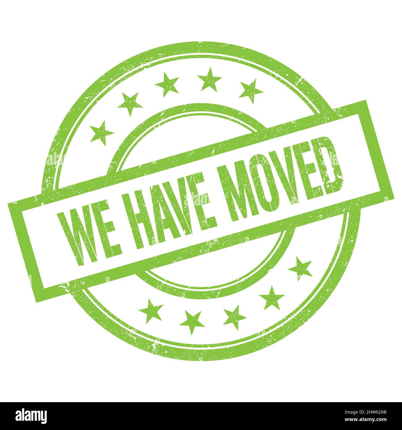 WE HAVE MOVED text written on green round vintage rubber stamp Stock ...