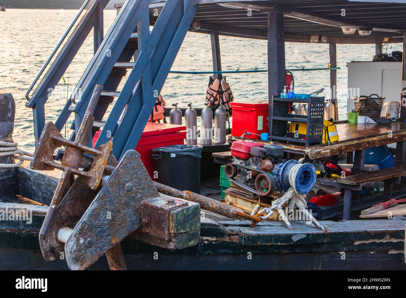 A diesel engine with a rope for raising and lowering a ship's anchor on ...