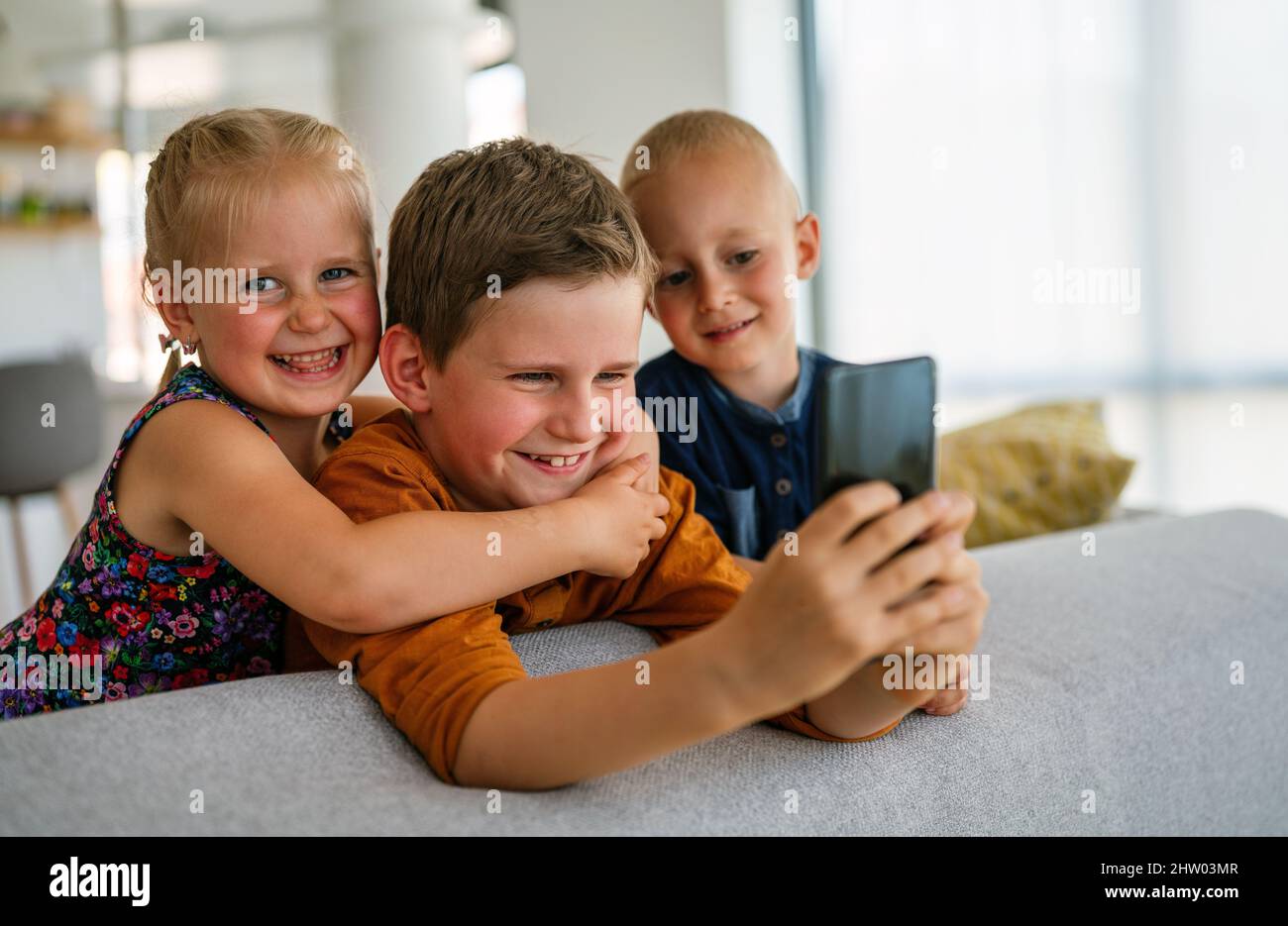 Childhood technology kids smartphone concept. Happy little children ...