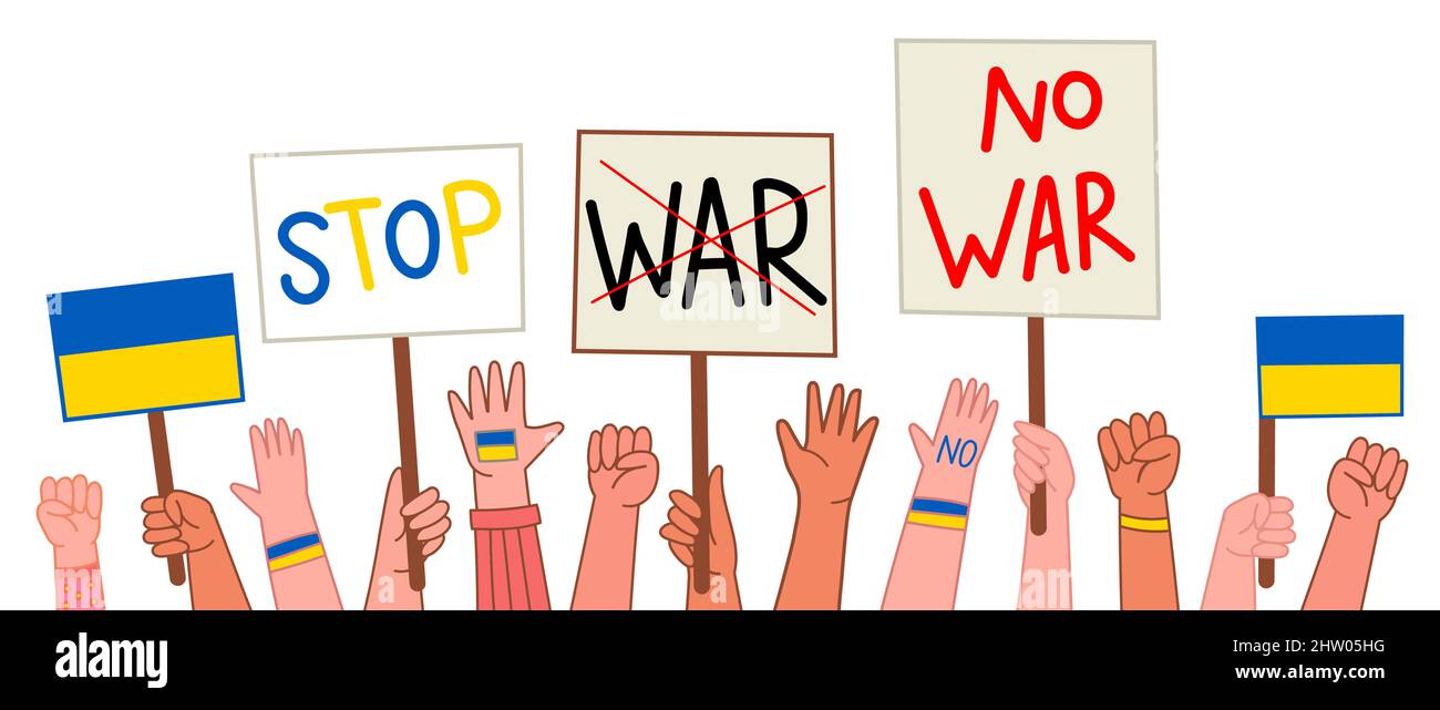 No war in Ukraine or anti-war protest crowd hands with placards vector ...