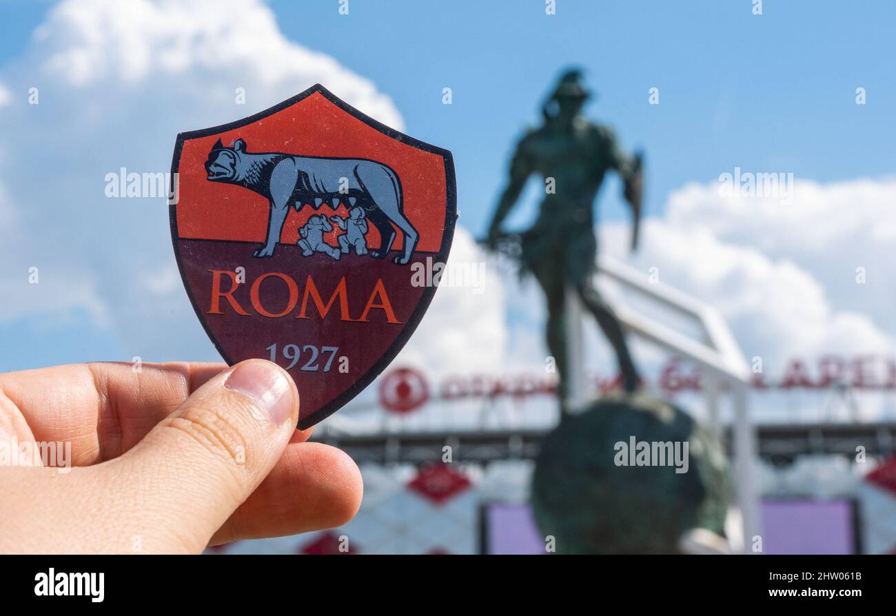 June 14, 2021, Rome, Italy. A.S. Football Club emblem Roma against the ...