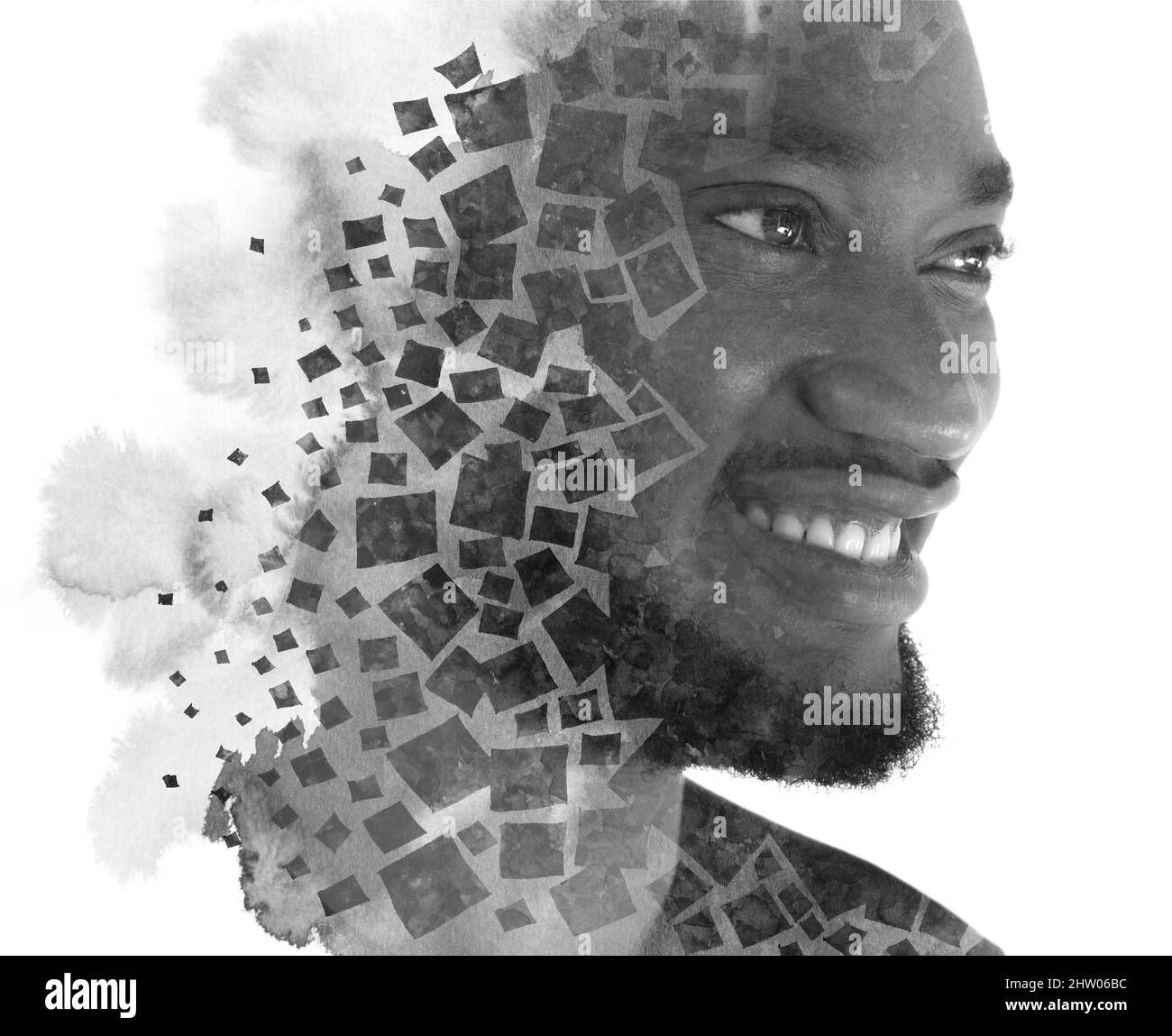 Paintography. A portrait of a young man combined with flying squares ...