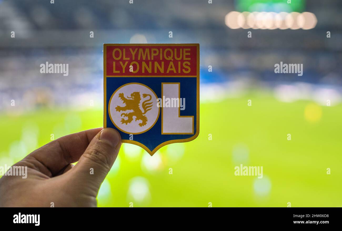 September 12, 2021, Lyon, France. The emblem of the football club ...