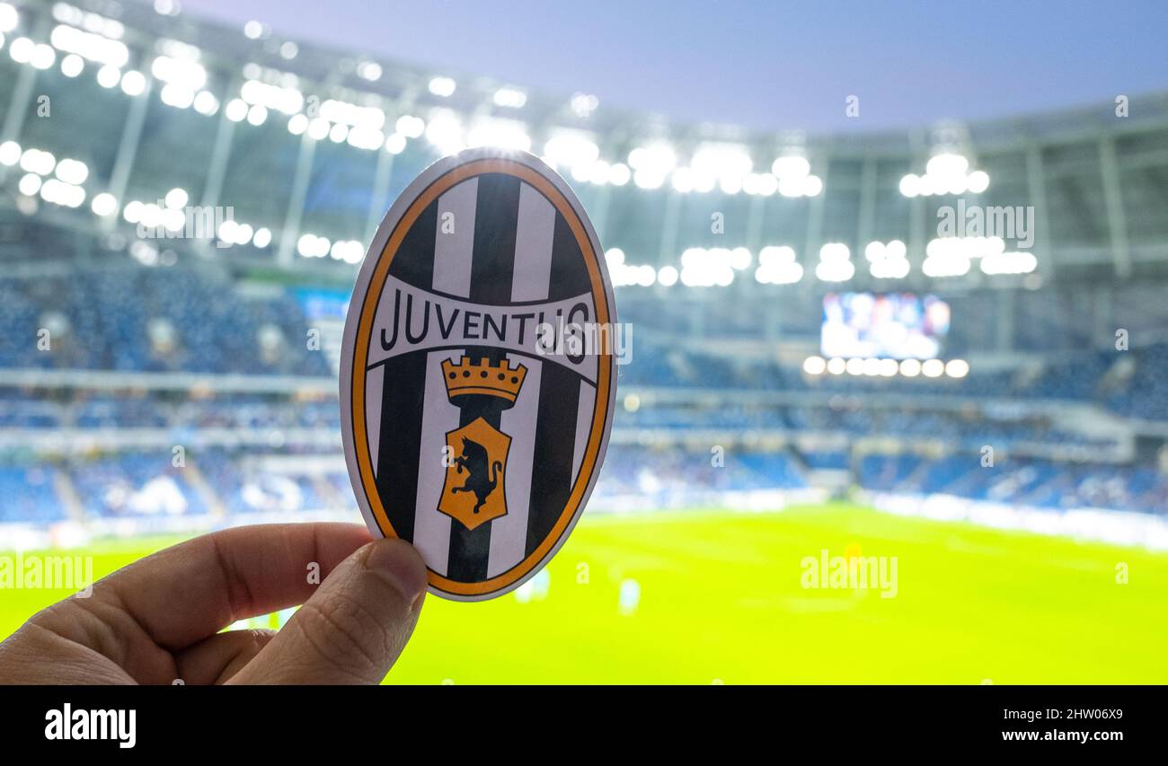 August 30, 2021, Turin, Italy. The emblem of the football club Juventus ...