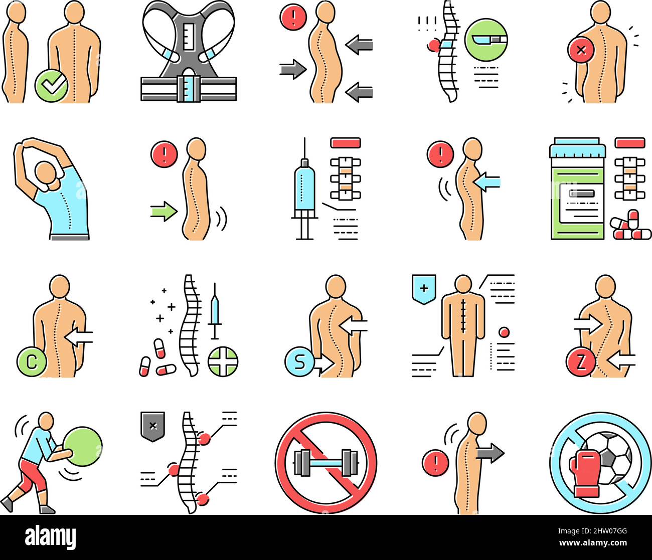 Scoliosis Disease Collection Icons Set Vector Stock Vector Image And Art