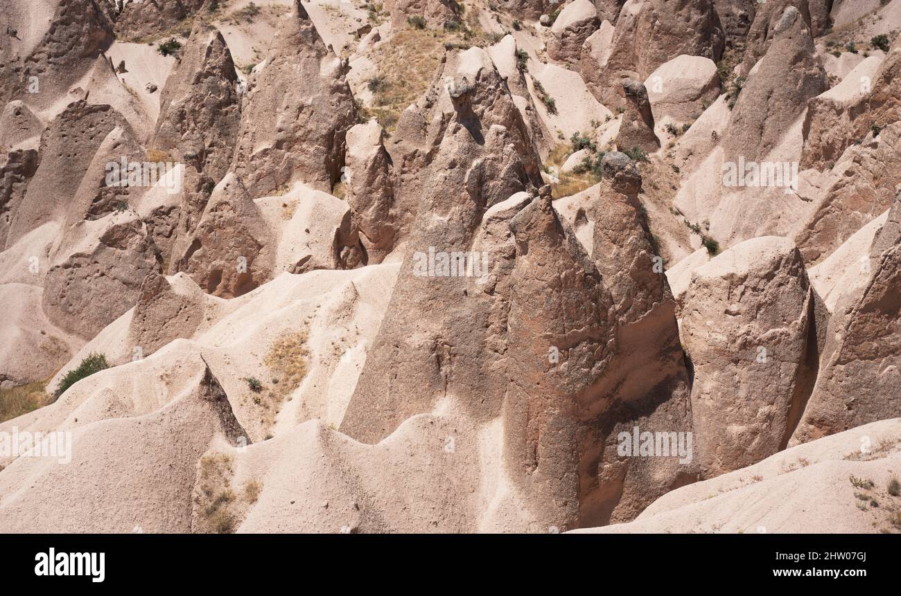 panorama of the sculpted cliffs of the Imagination Valley. Turkey ...