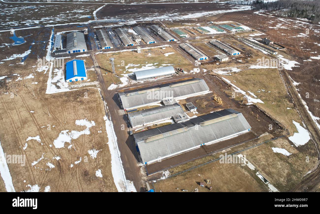 Agriculture barn farm aerial above drone view. Farming theme Stock ...