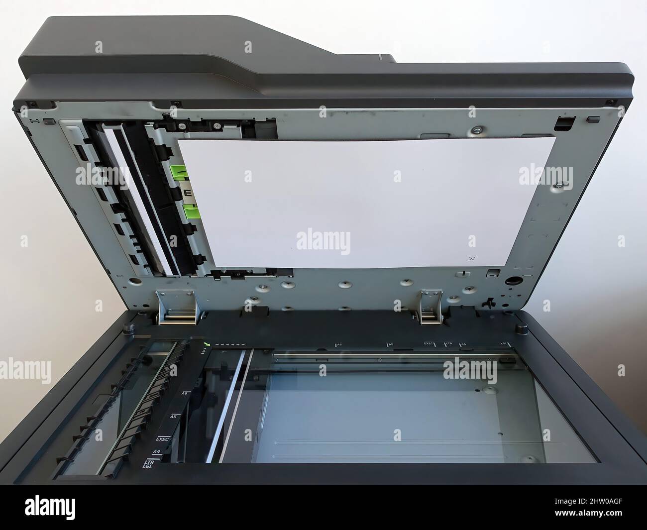 Scanner with open lid, glass area surface visible - with measure notes ...