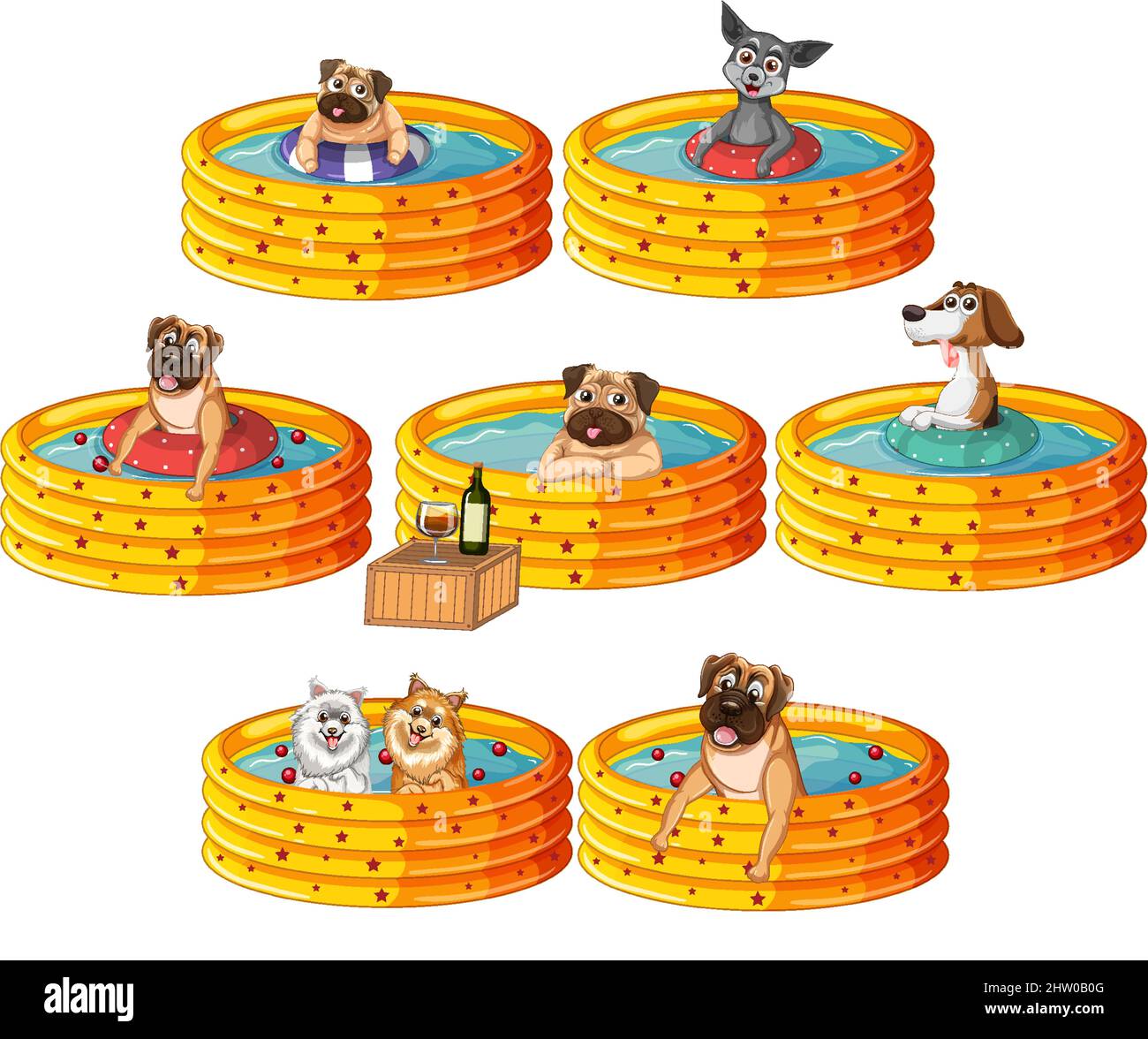 Cute puppy dogs party in rubber swimming pool illustration Stock Vector ...