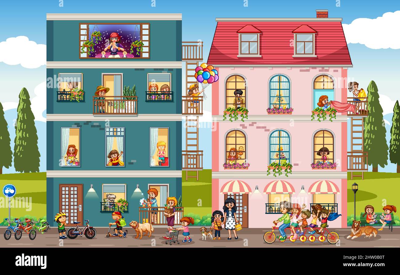 Apartment windows with neighbors cartoon character illustration Stock ...