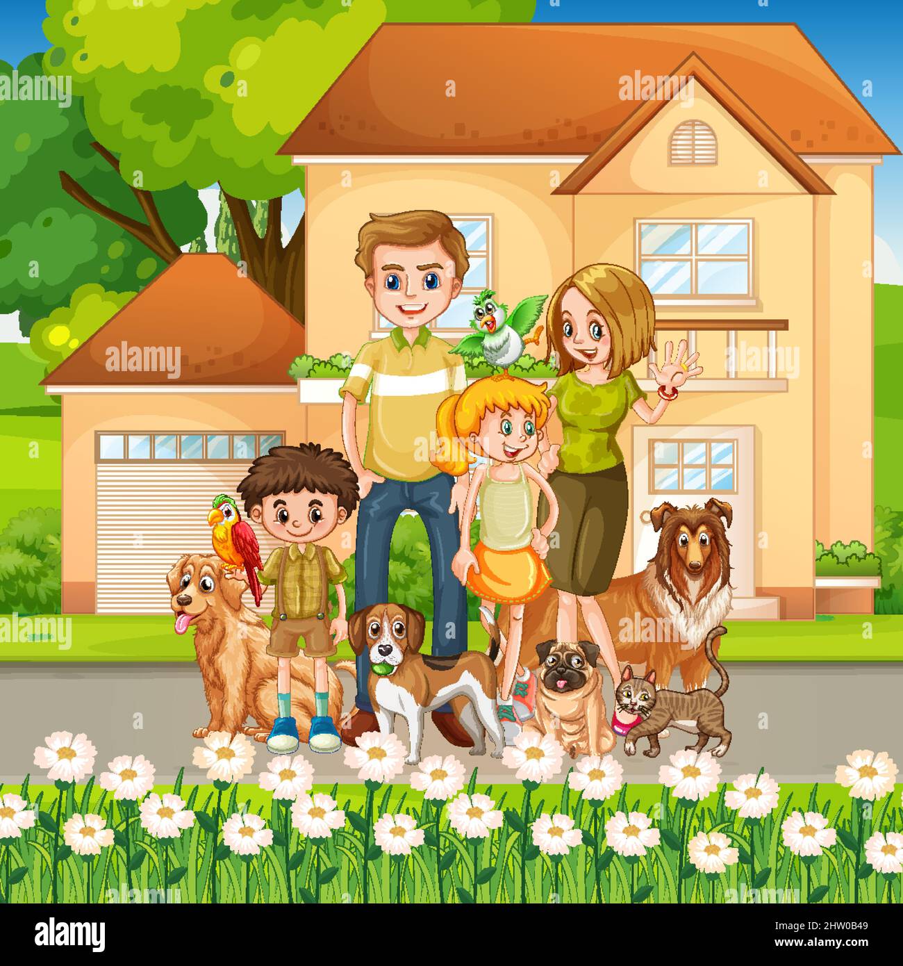Happy Family Cartoon With Dog