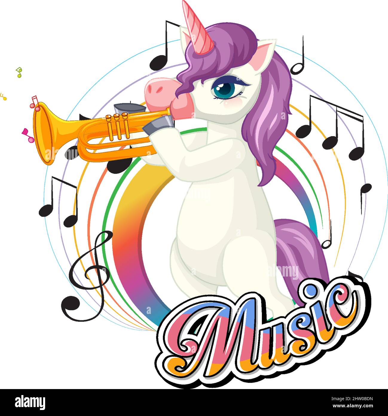 Cute purple unicorn blowing trumpet with music notes on white ...