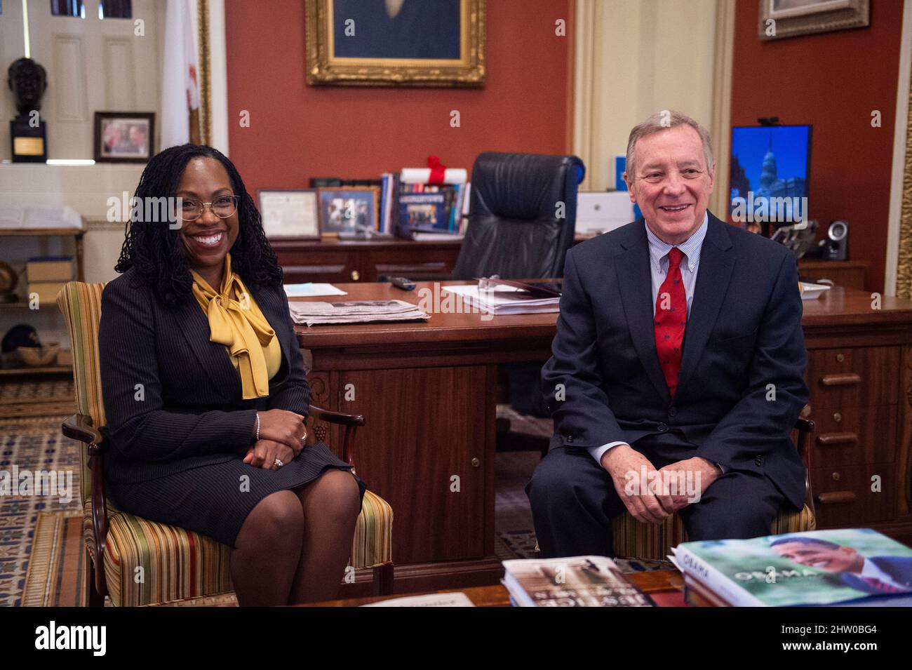 United States Senator Dick Durbin (Democrat of Illinois), right, meets ...