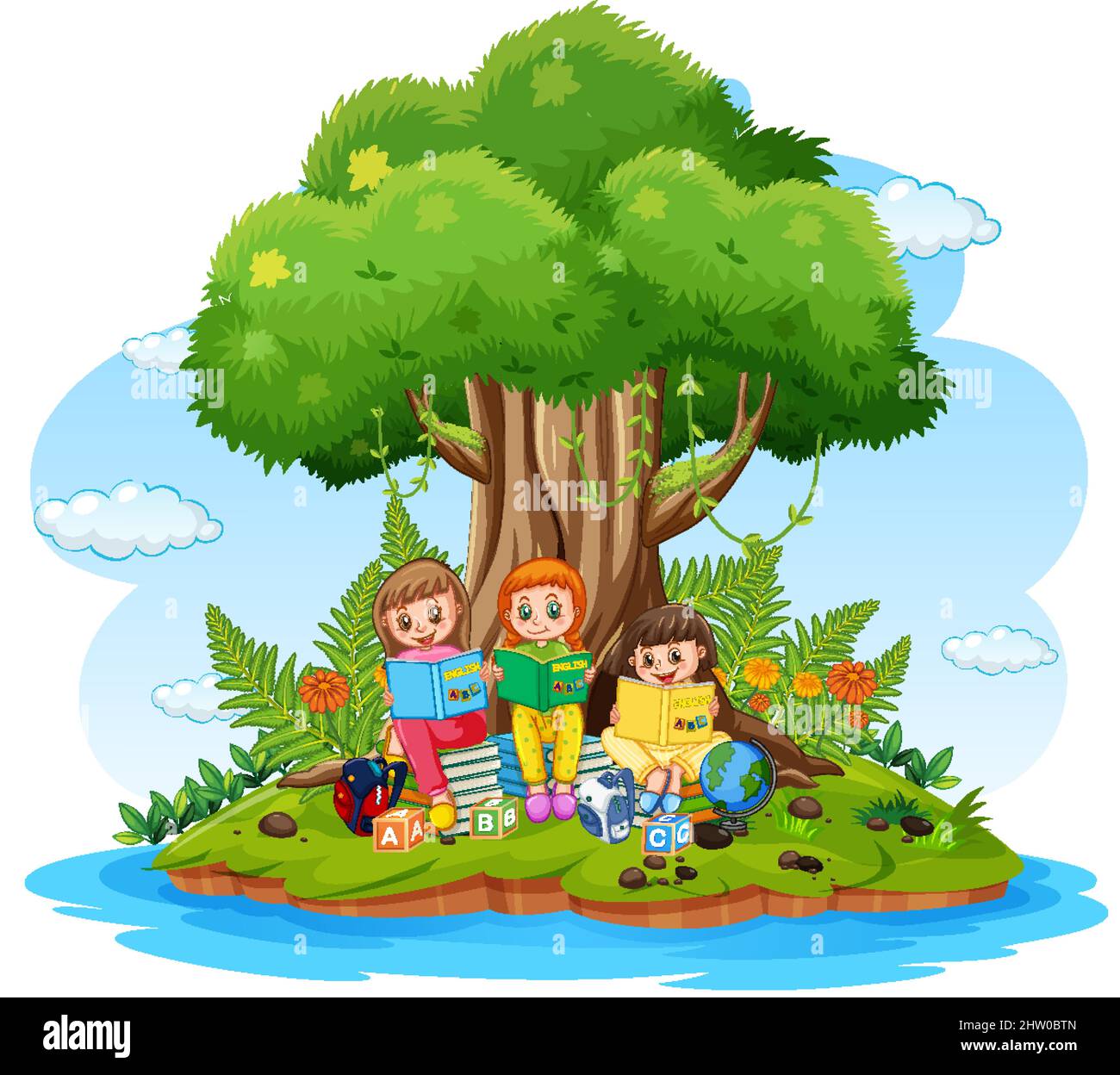 Children reading books in island illustration Stock Vector Image & Art ...