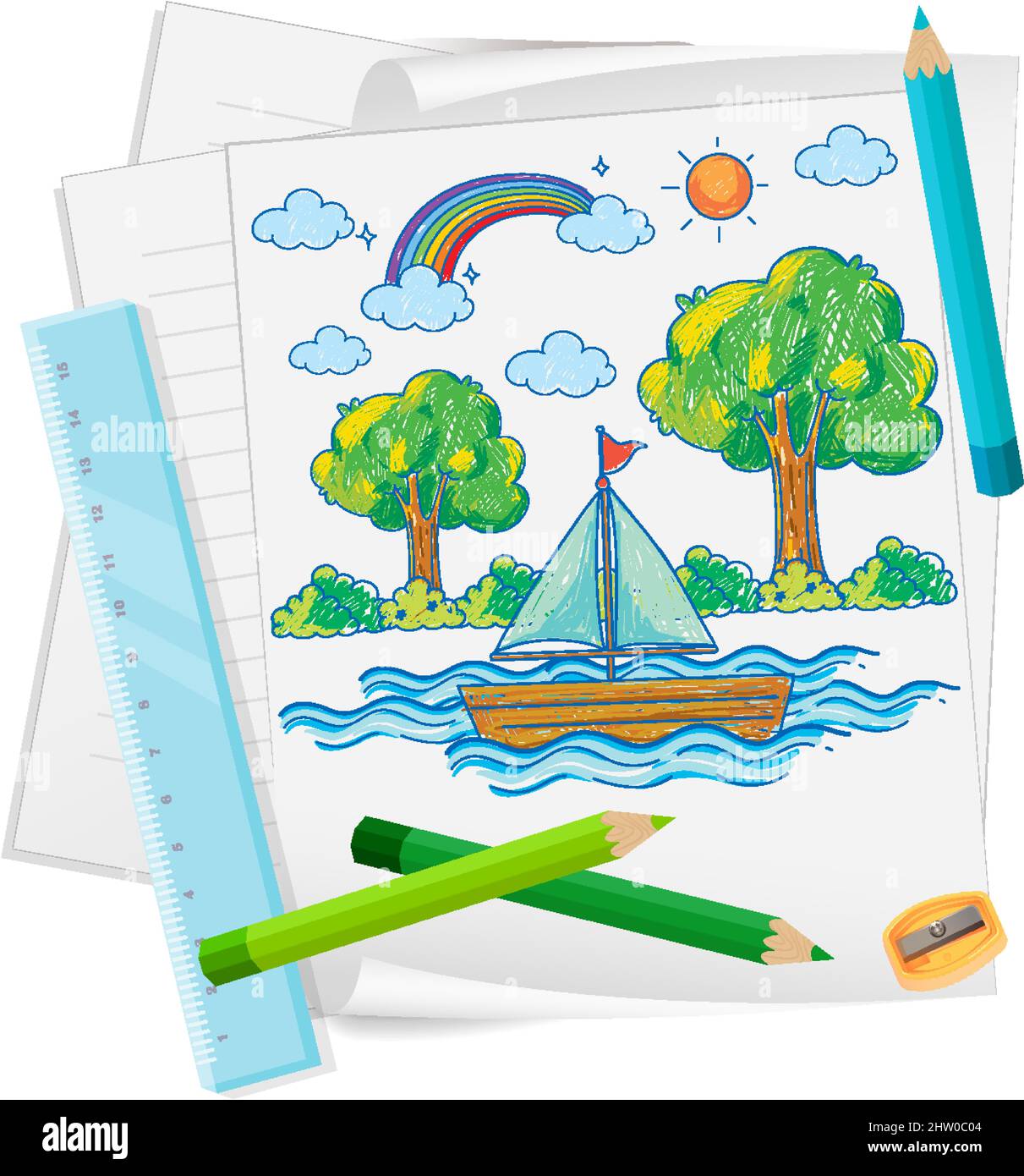 A paper with a doodle sketch design with color and colour pencils ...