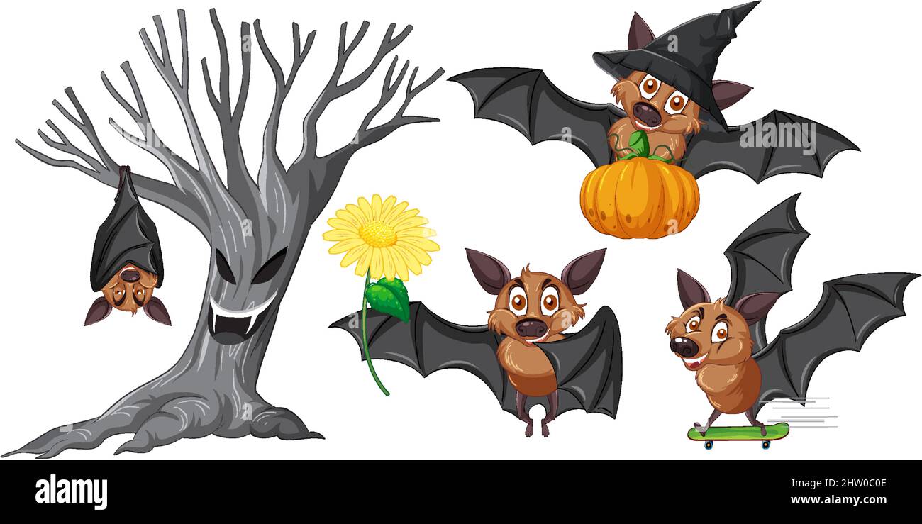 Set of different cute bats in cartoon style illustration Stock Vector ...