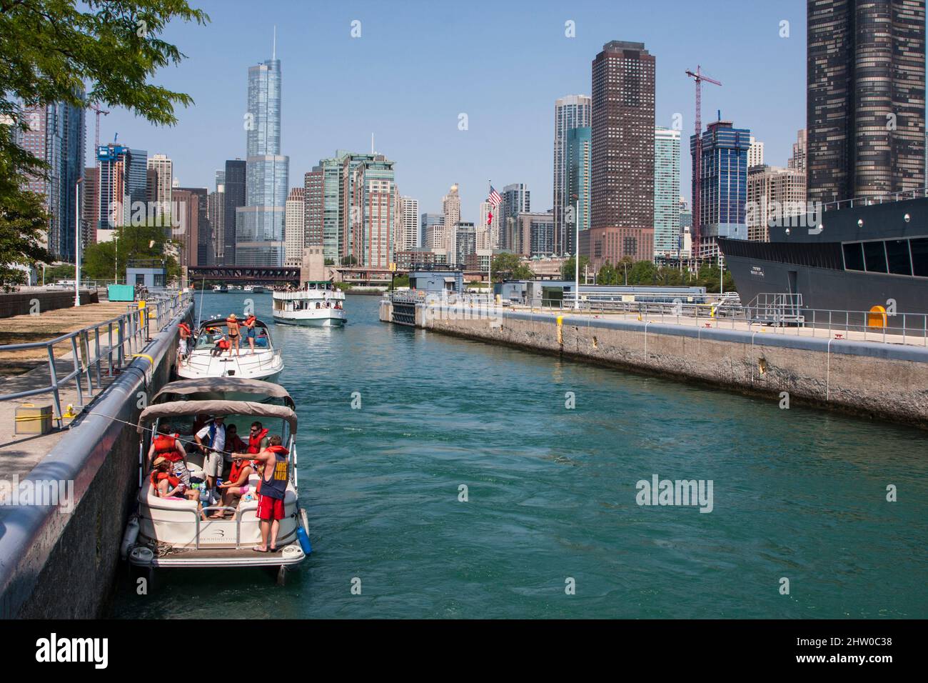 Chicago River Lock Leading to Lake Michigan. Lock Open. Chicago ...