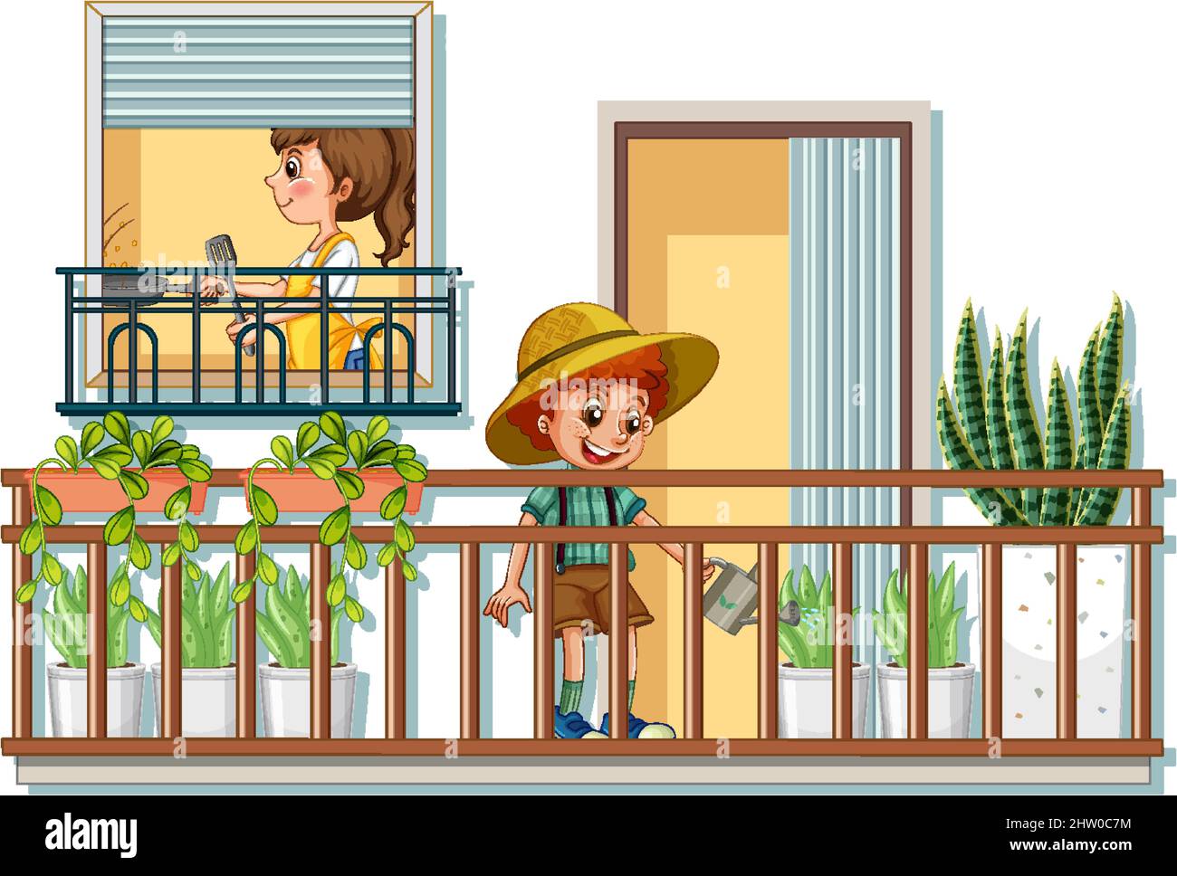 Balcony with a boy watering plant illustration Stock Vector Image & Art ...