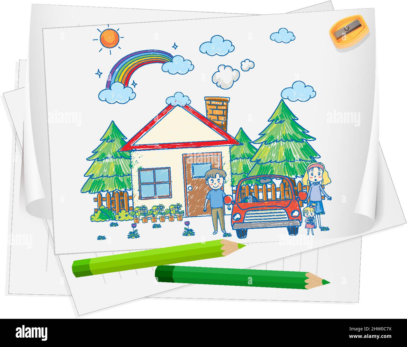 A paper with a doodle sketch design with color and colour pencils ...