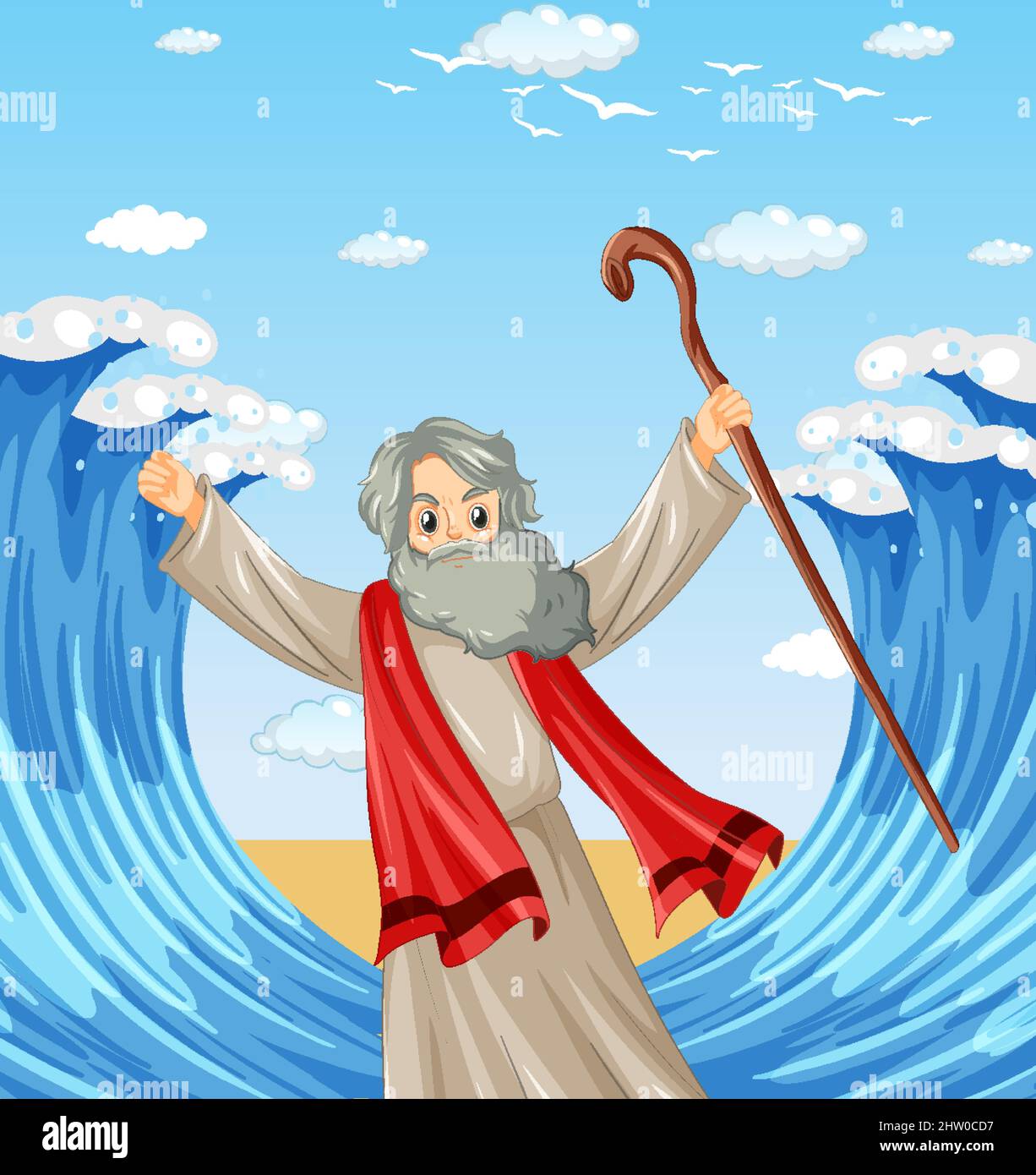 Moses cartoon character with red sea background illustration Stock ...