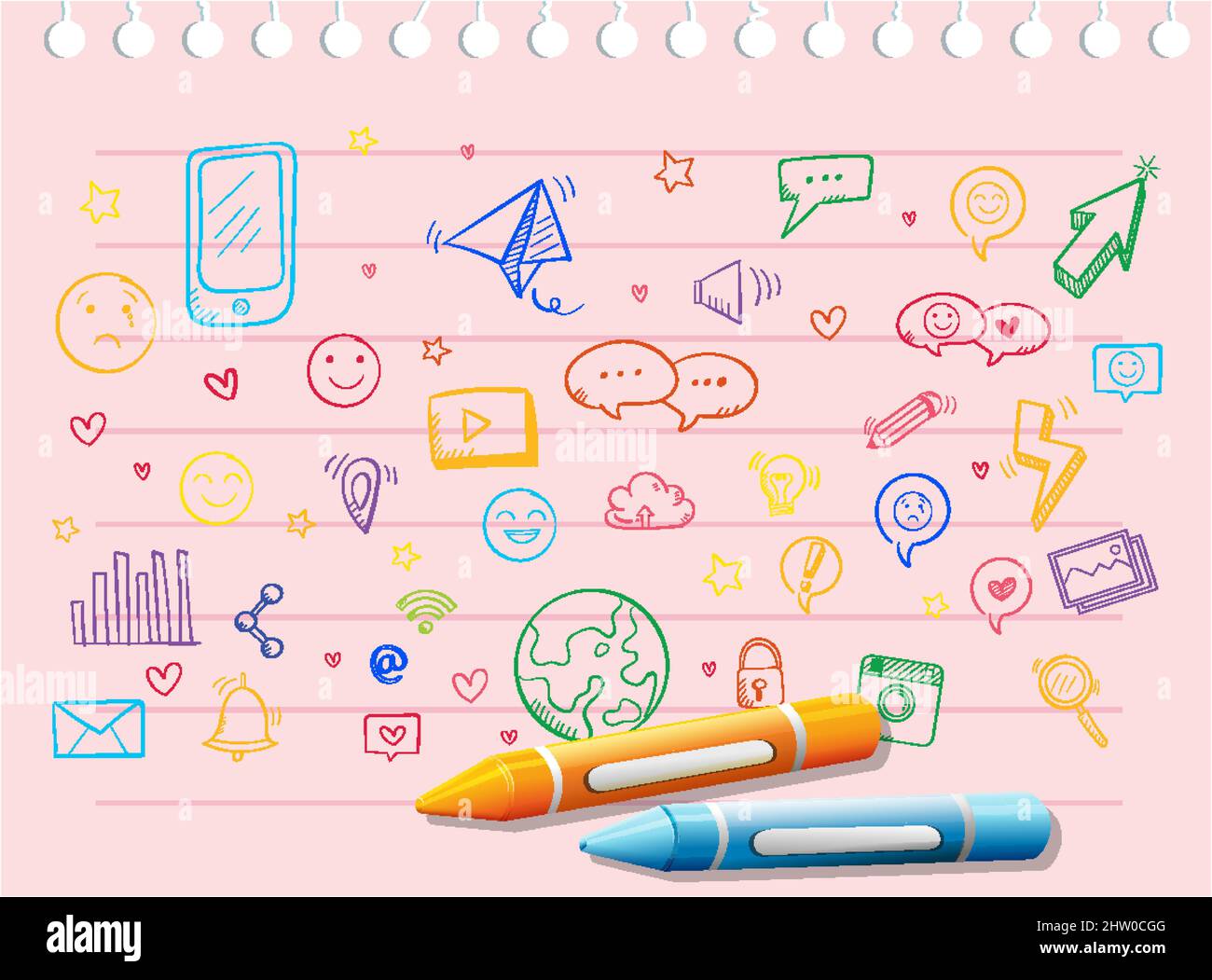 Coloured doodles objects on paper with crayons illustration Stock ...