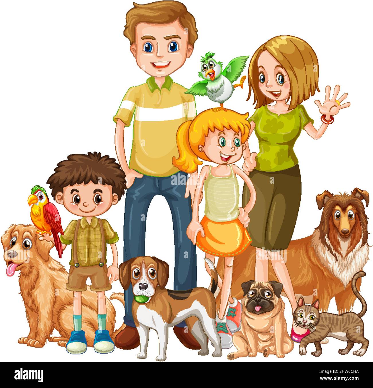Family members with many dogs in cartoon style illustration Stock ...