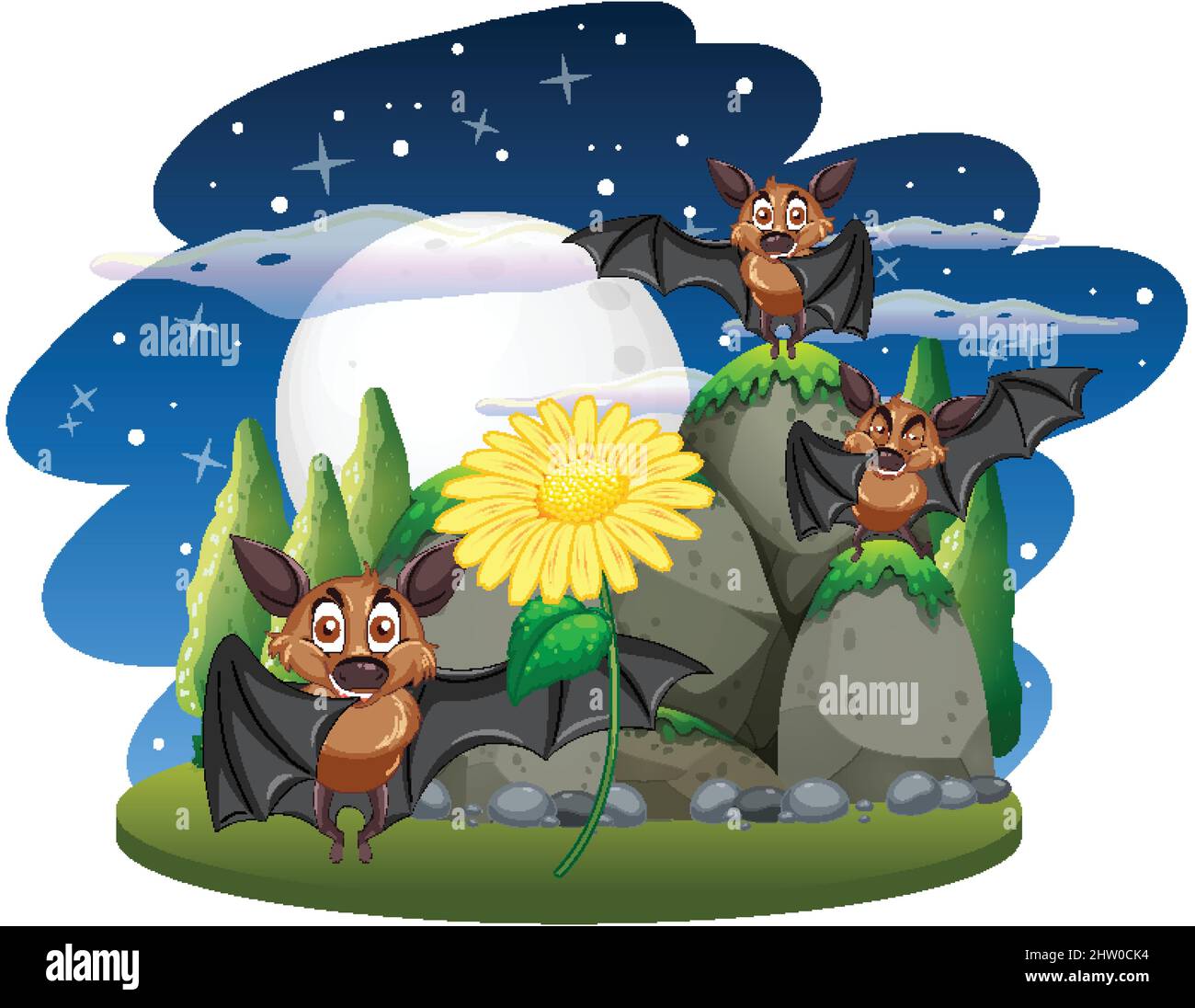Three bats in the forest at night illustration Stock Vector Image & Art ...