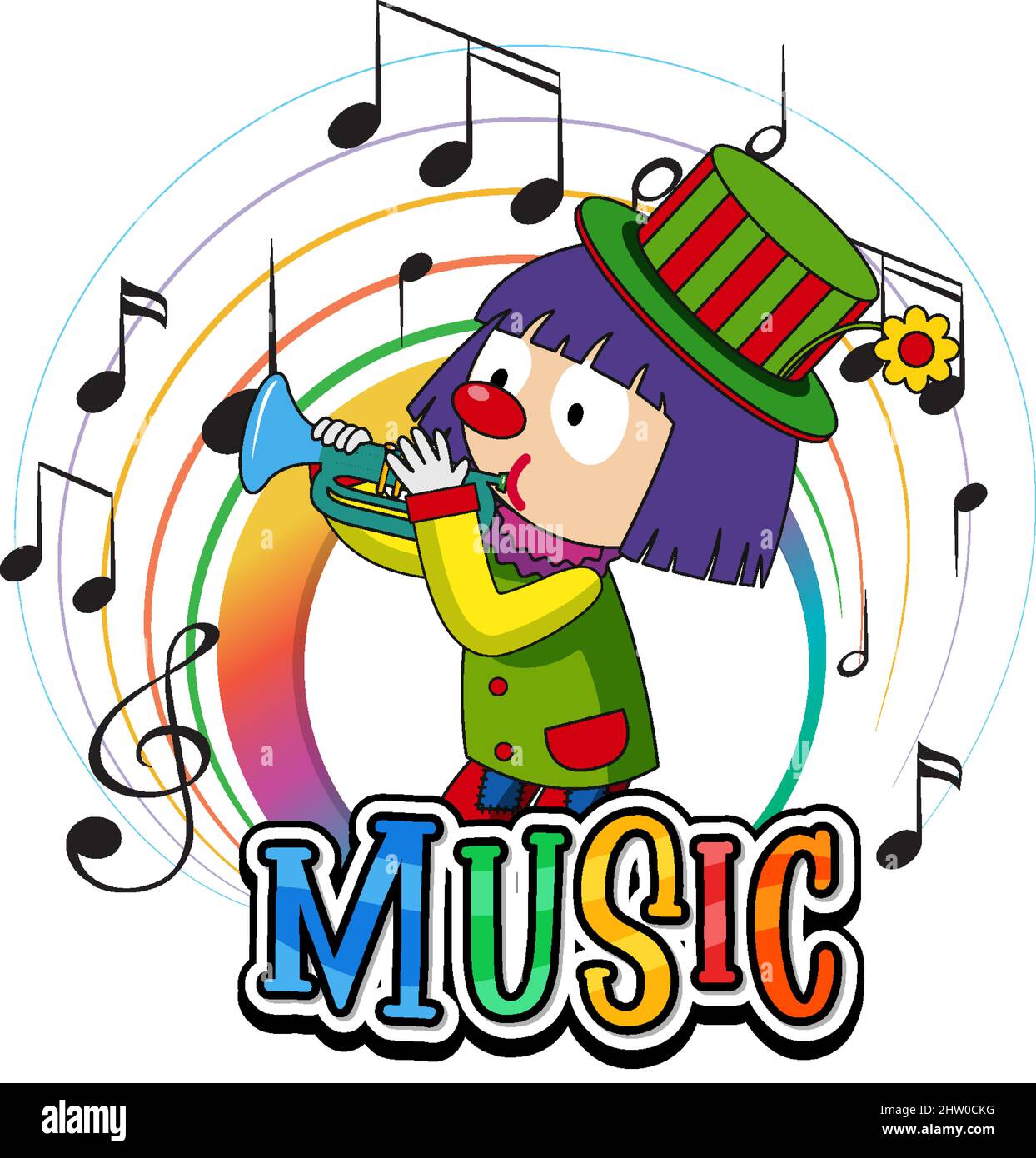 Clown blowing trumpet with music notes on white background illustration ...