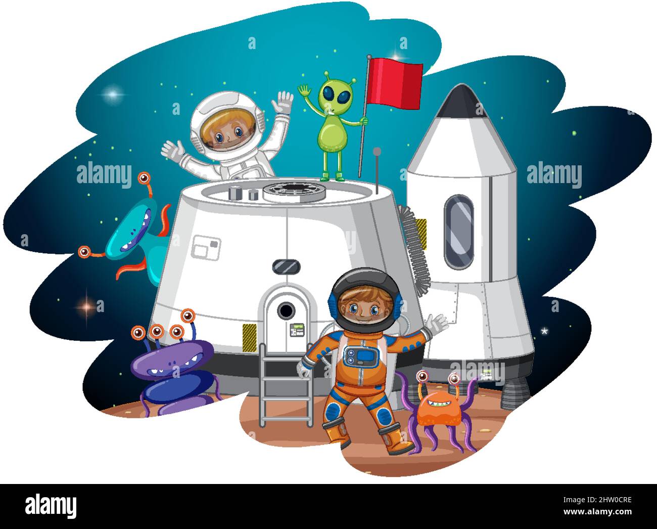 Cartoon astronaut and aliens on planet in cartoon style illustration ...