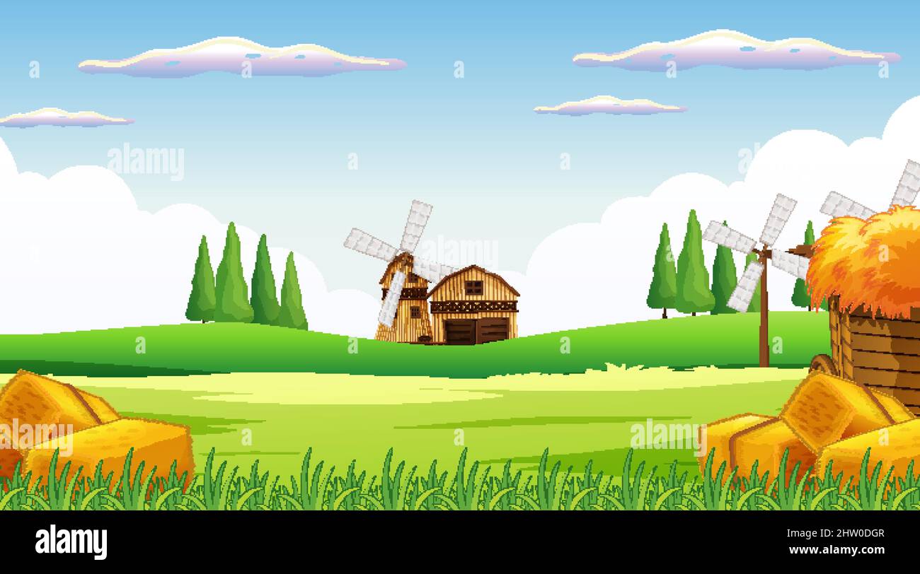 Farm scene with windmill and barn illustration Stock Vector Image & Art ...