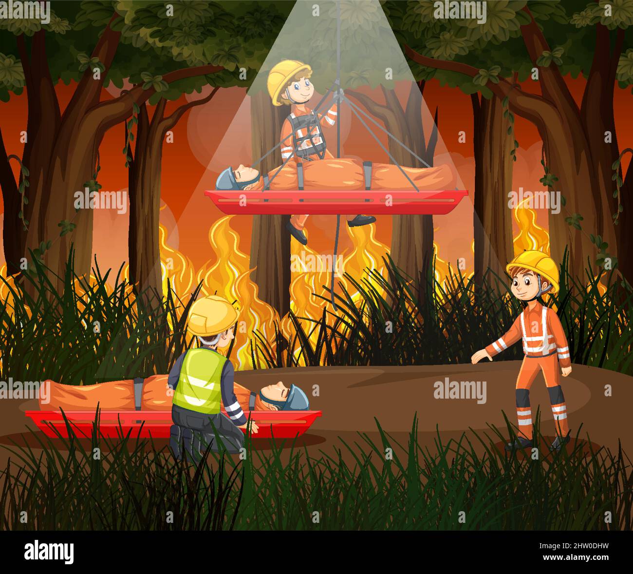 Wildfire scene with firerman rescue in cartoon style illustration Stock ...