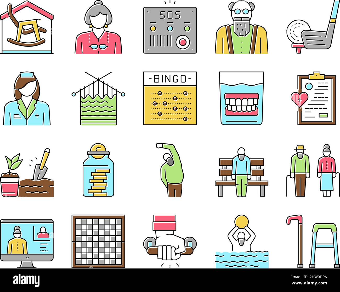 Elderly People Care Collection Icons Set Vector Stock Vector Image ...