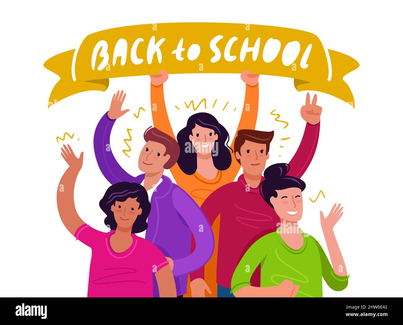 Group of teenagers holding banner with the inscription BACK TO SCHOOL ...