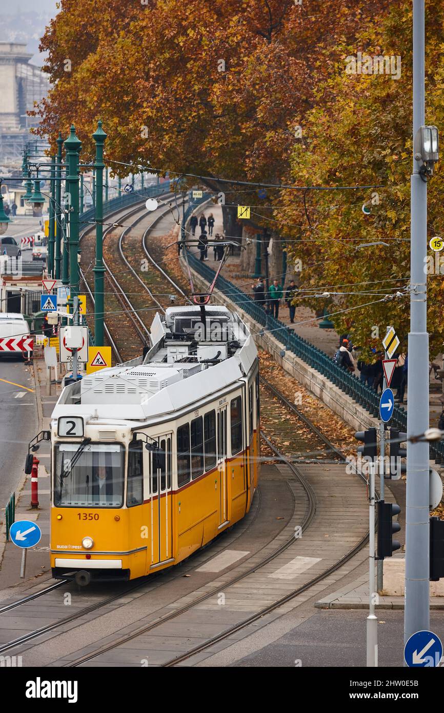 Traditional picturesque public transport yellow tramway in Budapest ...