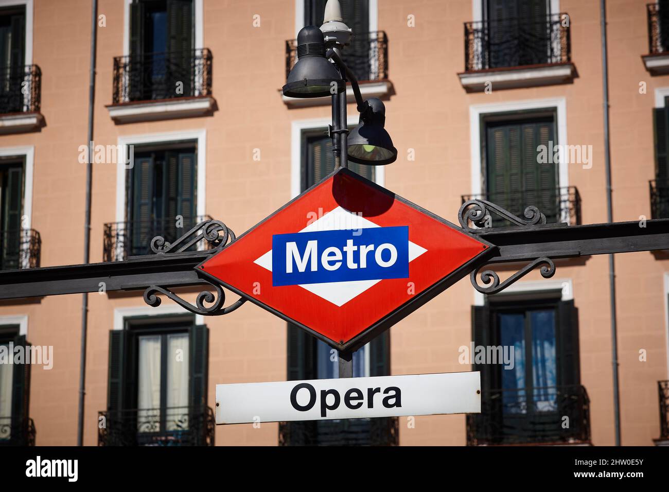 Traditional subway sign in Madrid city center. Opera station. Transport ...