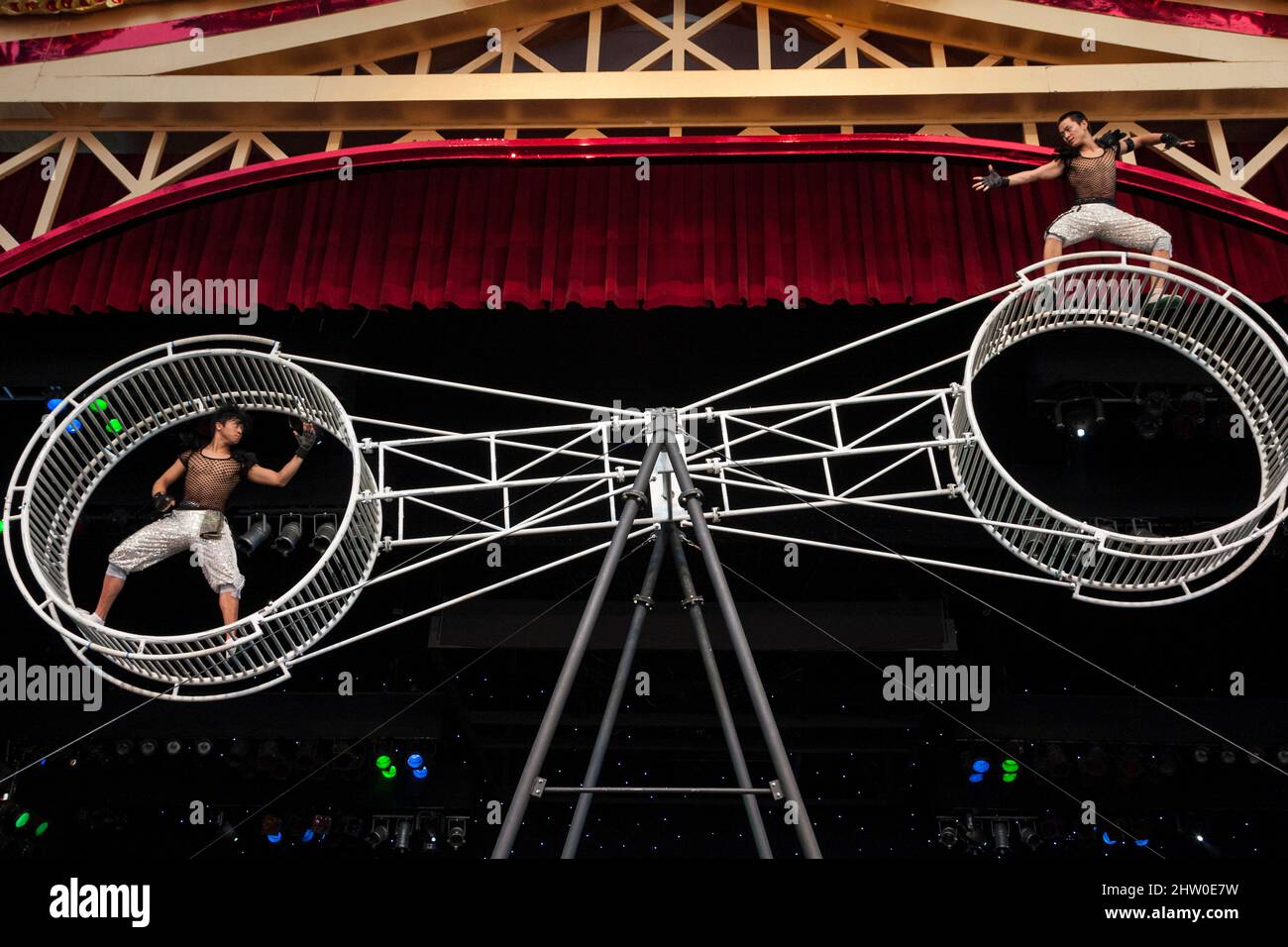 Chinese Acrobats on Rotating Balancing Wheels Stock Photo - Alamy