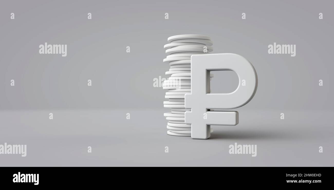 Russian ruble currency symbol with a stack of coins. 3D Rendering Stock ...