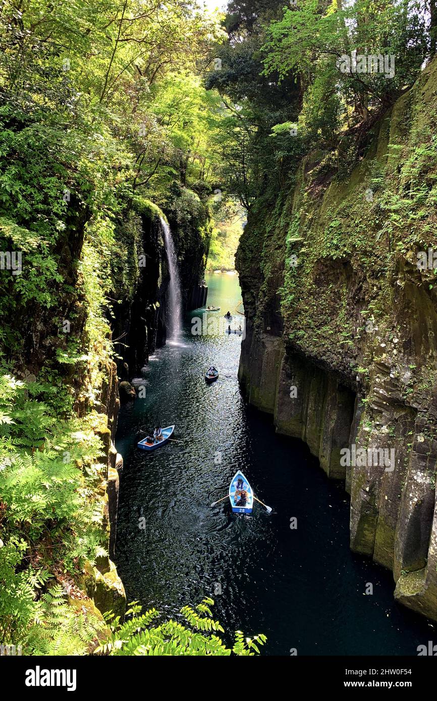 Takachiho Gorge waterfall scenic boats Stock Photo - Alamy