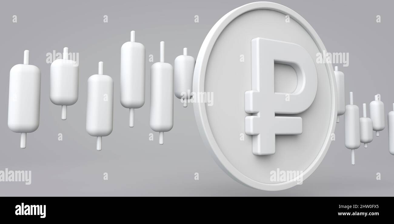 Russian ruble currency coin with financial trading graph. 3D Rendering ...